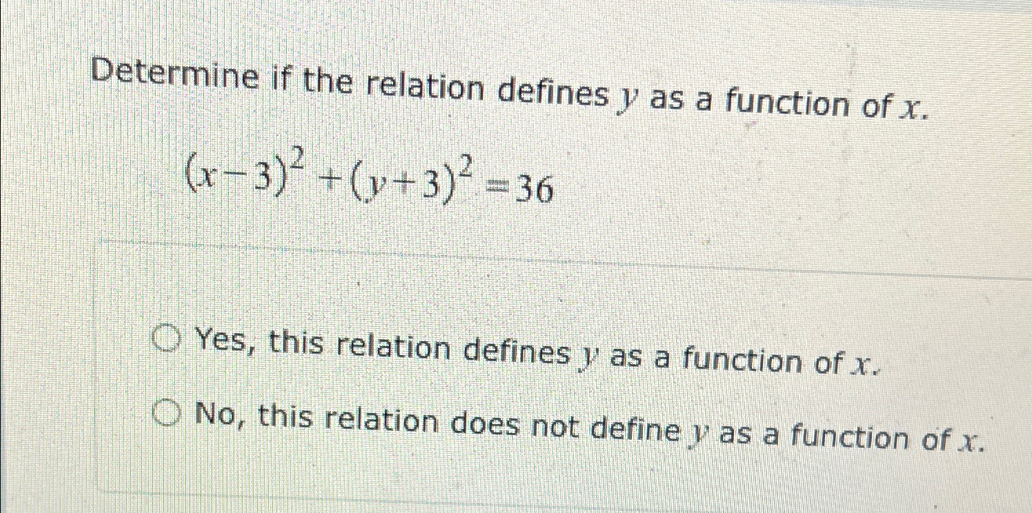 Solved Determine If The Relation Defines Y ﻿as A Function Of 0997