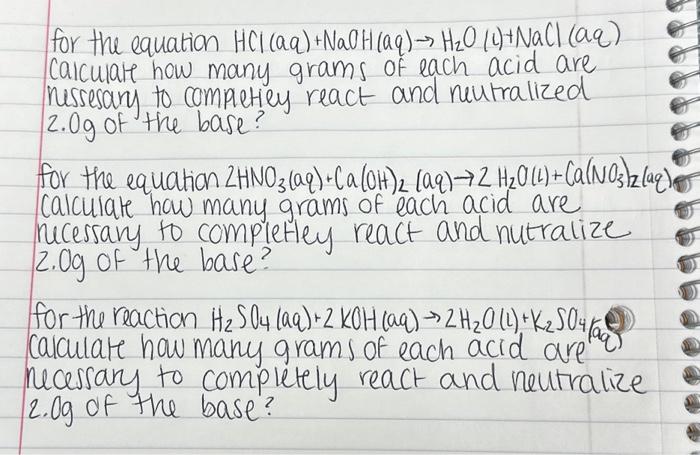 for the equation HCl(aq)+NaOH(aq)→H2O( (l) +NaCl (aq) | Chegg.com