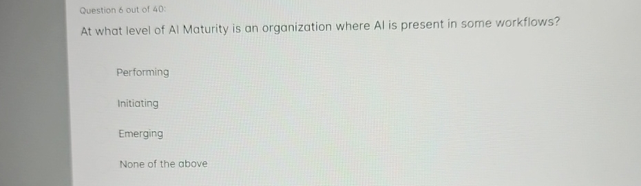 Solved Question 6 ﻿out of 40:At what level of Al Maturity is | Chegg.com