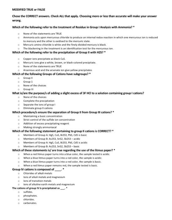 Solved MODIFIED TRUE OR FALSE Chose the CORRECT answers. | Chegg.com