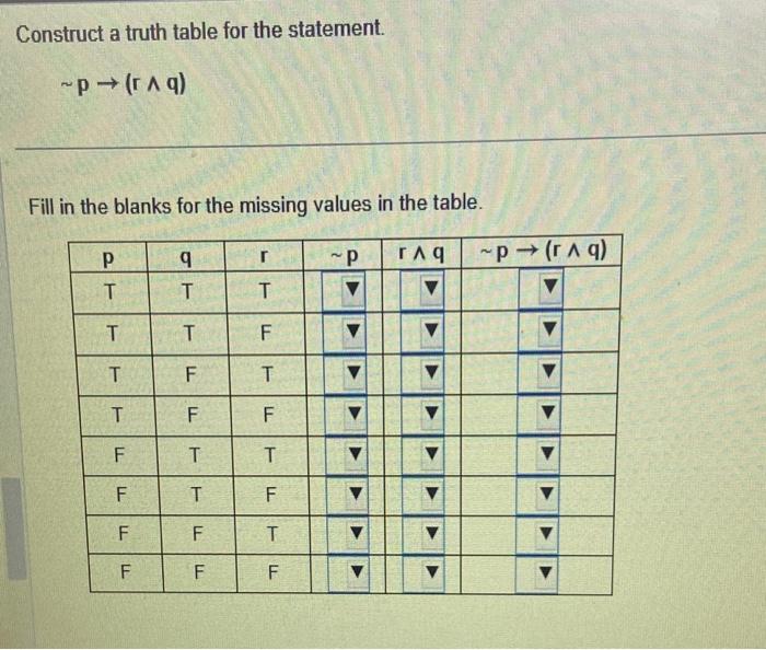 Solved Construct a truth table for the statement. ∼p→(r∧q) | Chegg.com