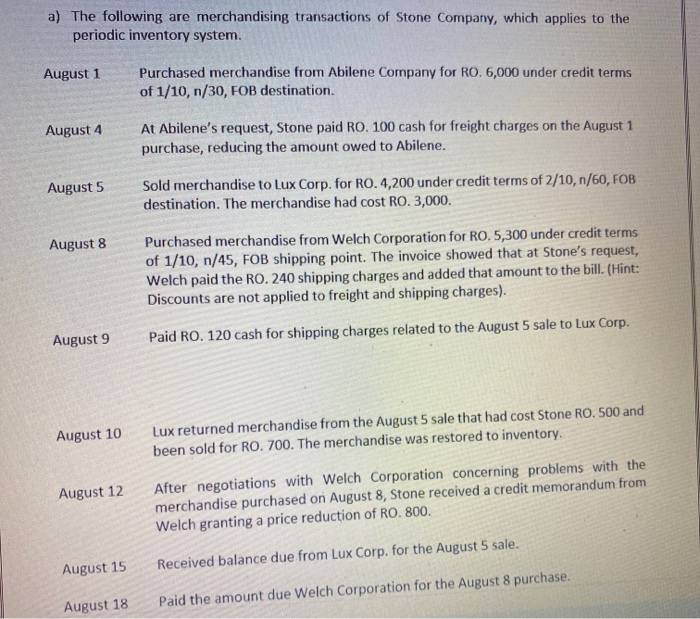 Solved a) The following are merchandising transactions of | Chegg.com