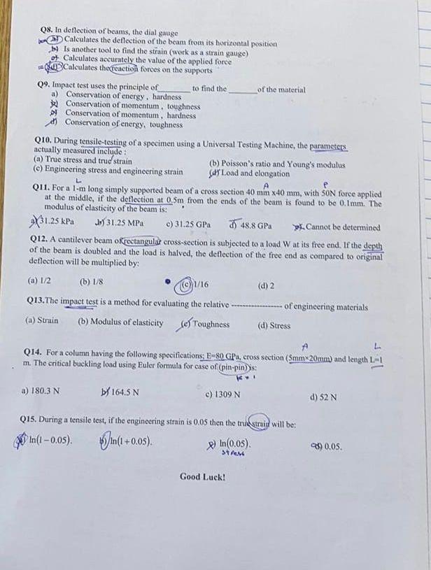 Q8. In deflection of beams, the dial gauge (a) | Chegg.com