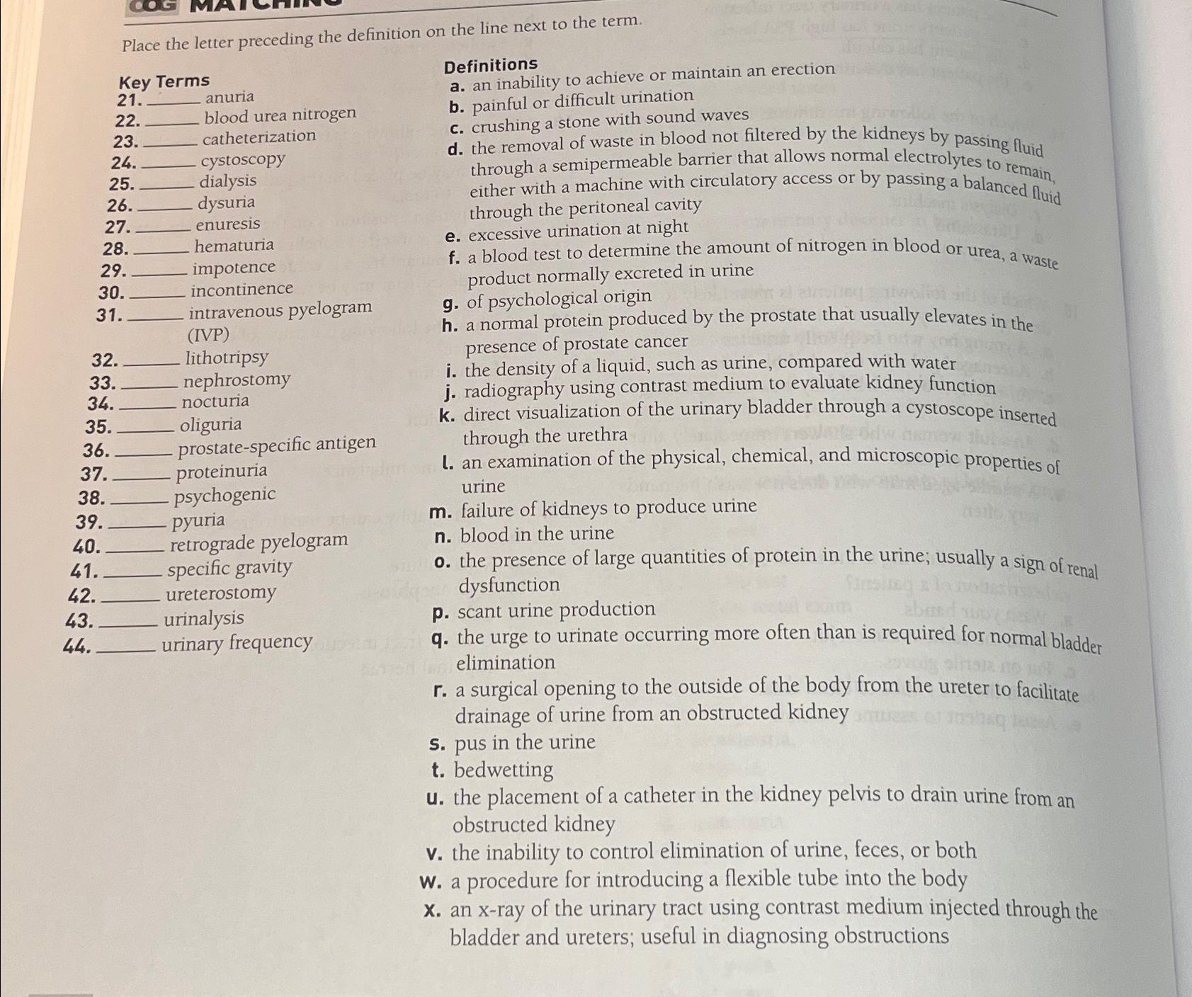 Solved Place the letter preceding the definition on the line | Chegg.com