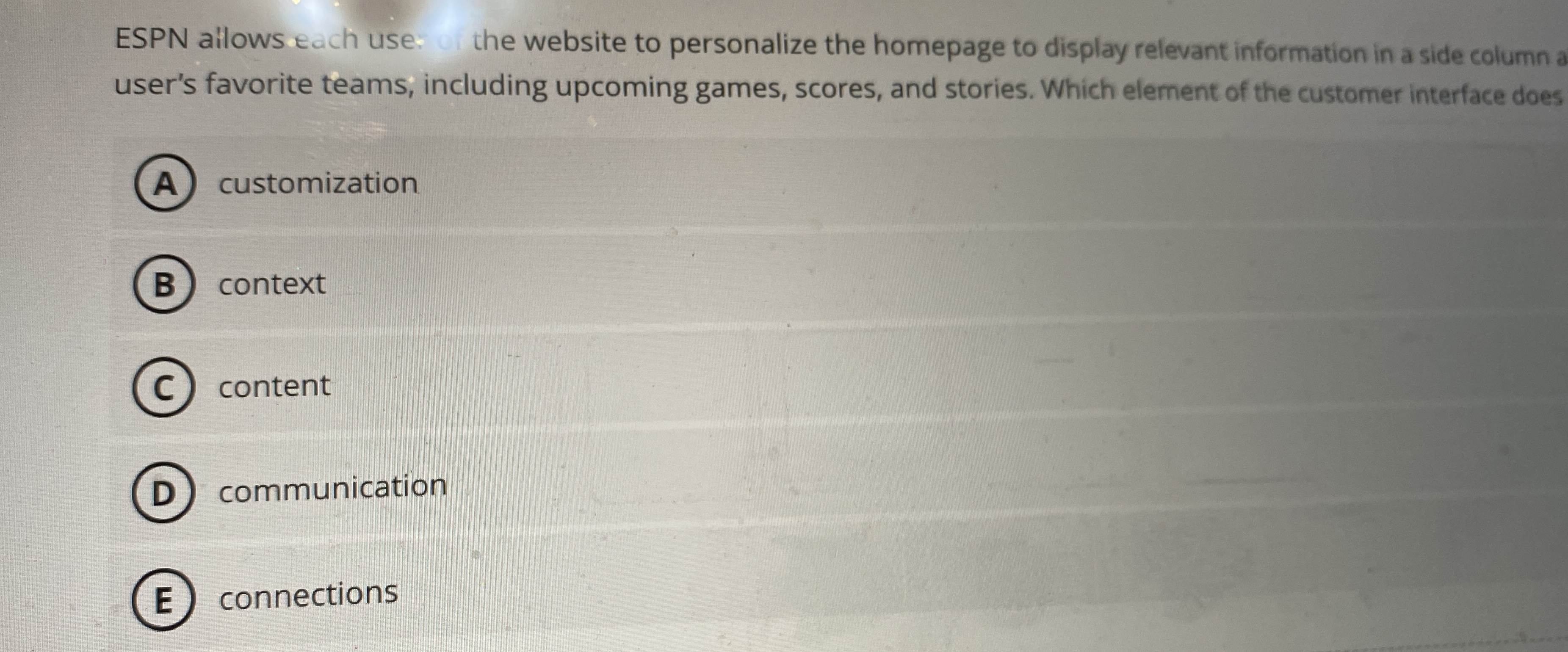 Solved ESPN ailows each use: the website to personalize the | Chegg.com