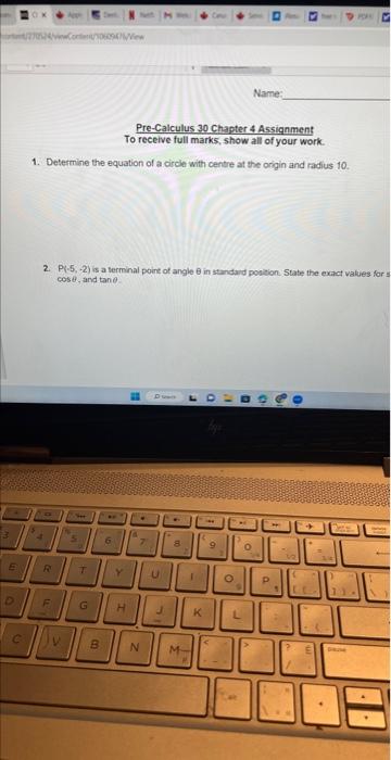 Solved Pre-Calculus 30 Chapter 4 Assignment To receive full | Chegg.com