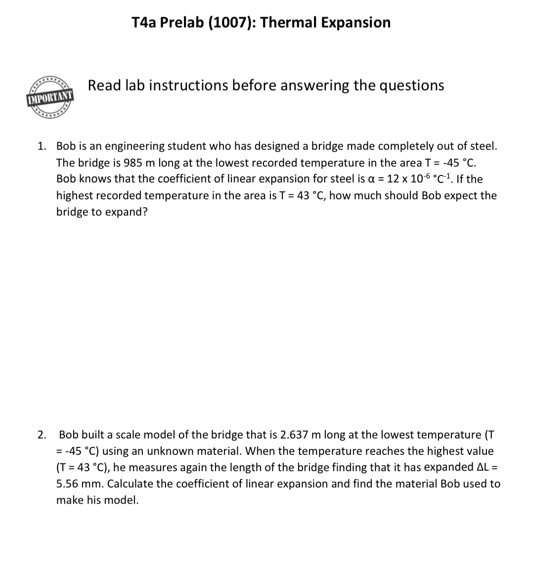 Solved T4a Prelab (1007): Thermal ExpansionRead lab | Chegg.com
