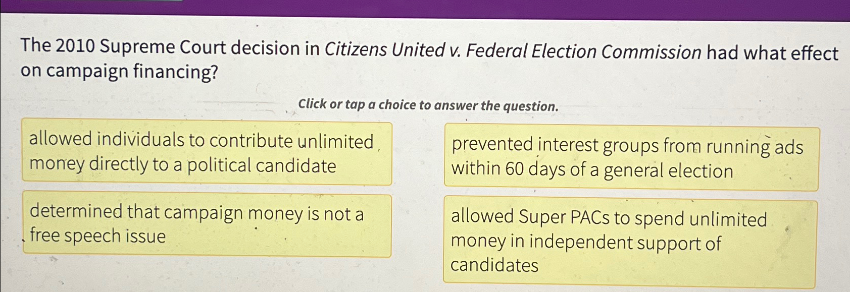 Solved The 2010 ﻿Supreme Court decision in Citizens United | Chegg.com