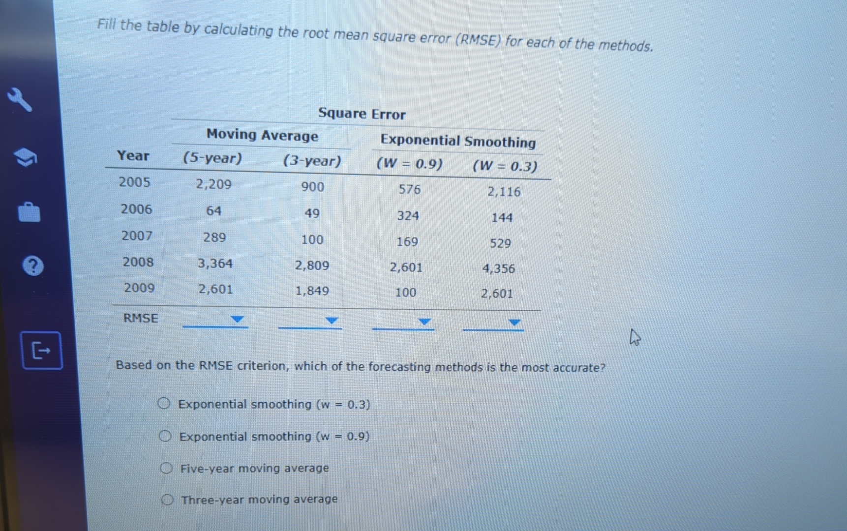Solved Fill the table by calculating the root mean square | Chegg.com