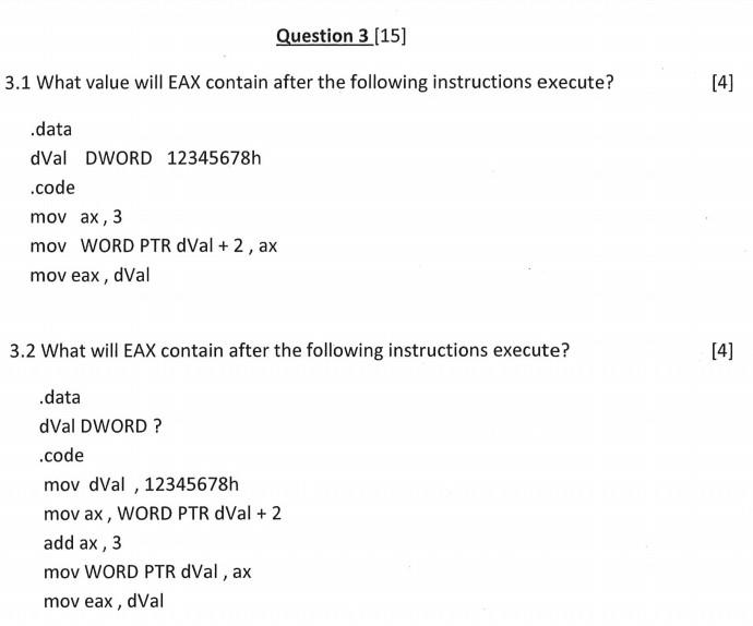Solved 3.1 What value will EAX contain after the following | Chegg.com