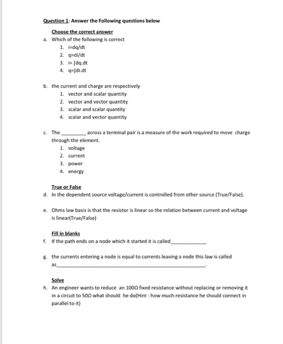 Solved Question 1: Answer the Following questions below | Chegg.com
