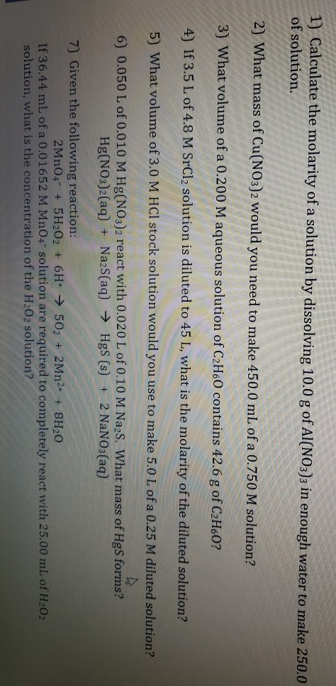 Solved 1) Calculate the molarity of a solution by dissolving | Chegg.com