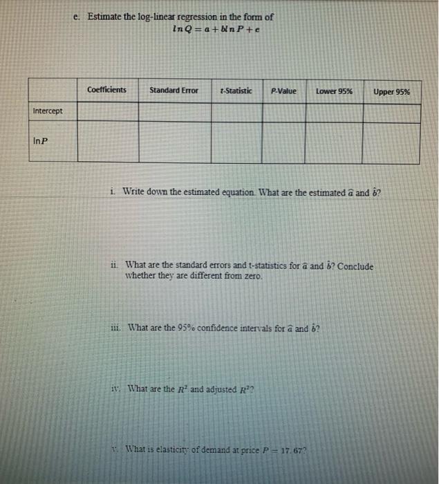 e. Estimate the log-linear regression in the form of | Chegg.com