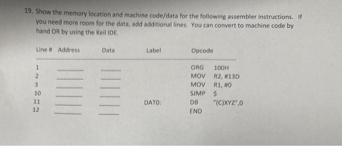 Solved 19. Show the memory location and machine code/data | Chegg.com
