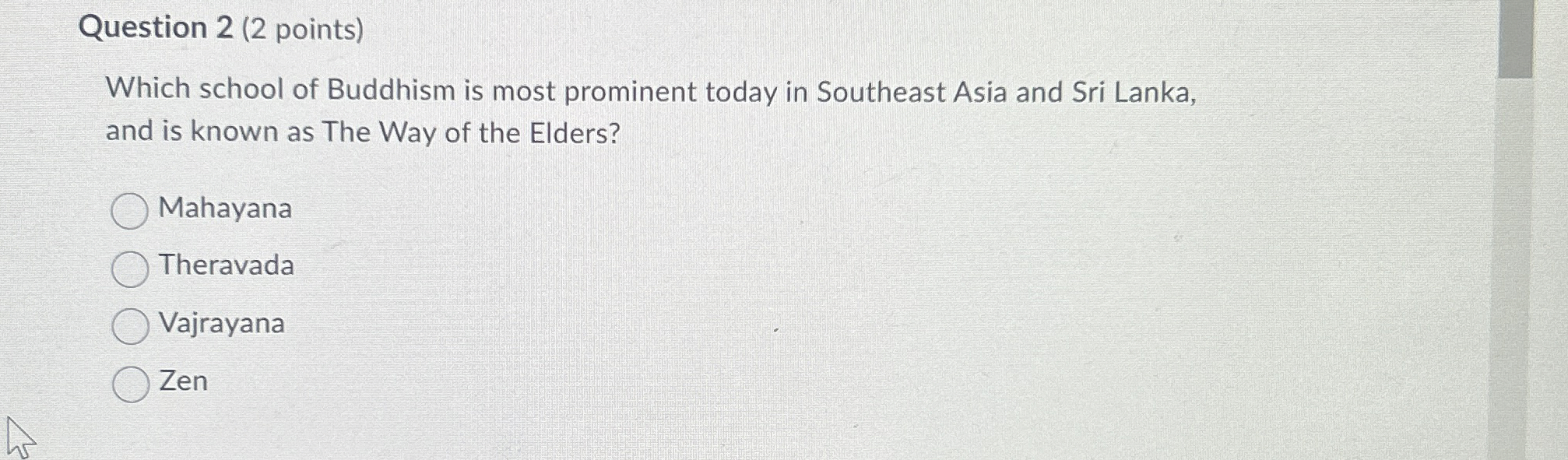 Solved Question 2 (2 ﻿points)Which school of Buddhism is | Chegg.com