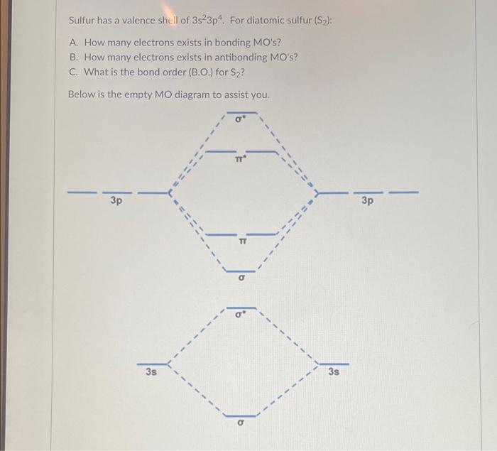 Solved Sulfur has a valence shell of 3s 3p. For diatomic | Chegg.com