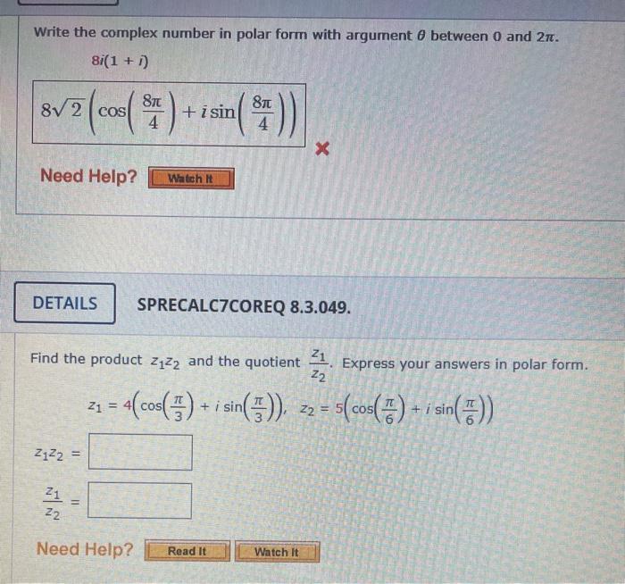 Solved Write the complex number in polar form with argument | Chegg.com