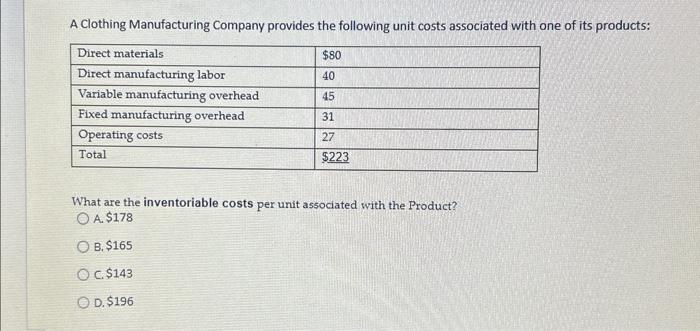 Solved A Clothing Manufacturing Company provides the | Chegg.com