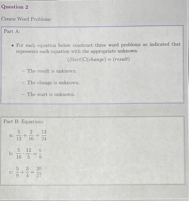 Solved Question 2 Create Word Problems Part A: . For each | Chegg.com