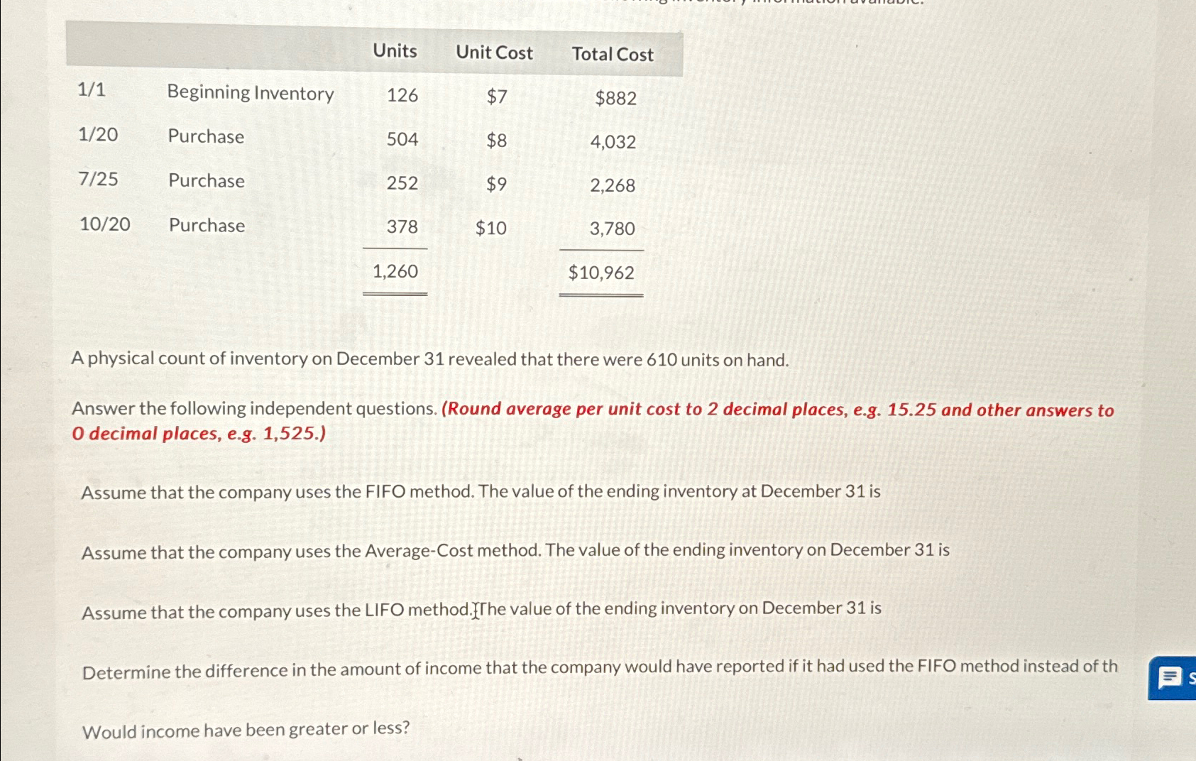 Solved \table[[,,Units,Unit Cost,Total Cost],[11,Beginning | Chegg.com