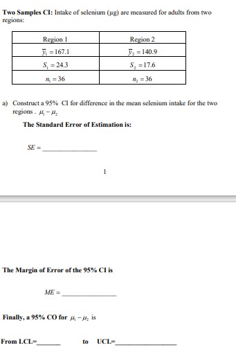 Solved ) ﻿Two Samples CI: Intake of selenium (µg) ﻿are | Chegg.com