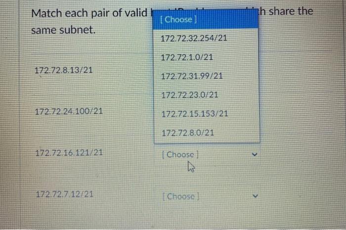 Solved Question 7 [Choose ] 5 pts 172.72.32.254/21 Match | Chegg.com