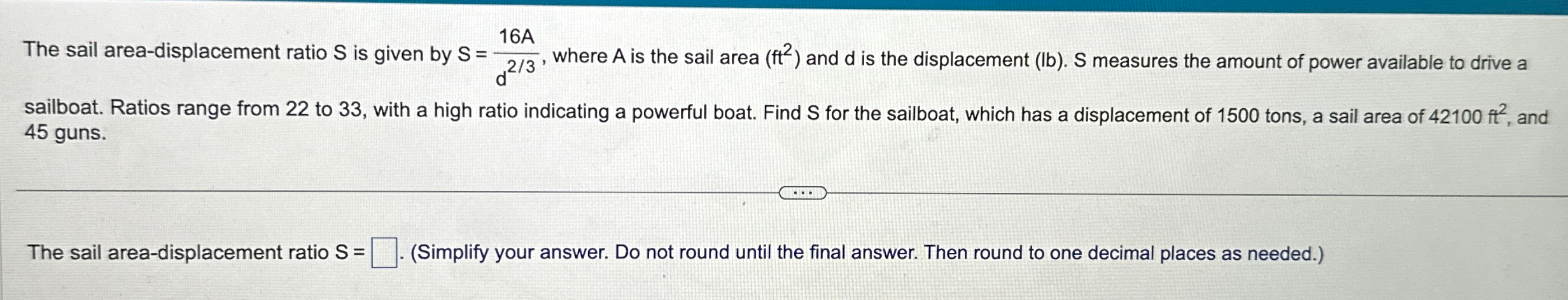 Solved The sail area-displacement ratio S ﻿is given by | Chegg.com