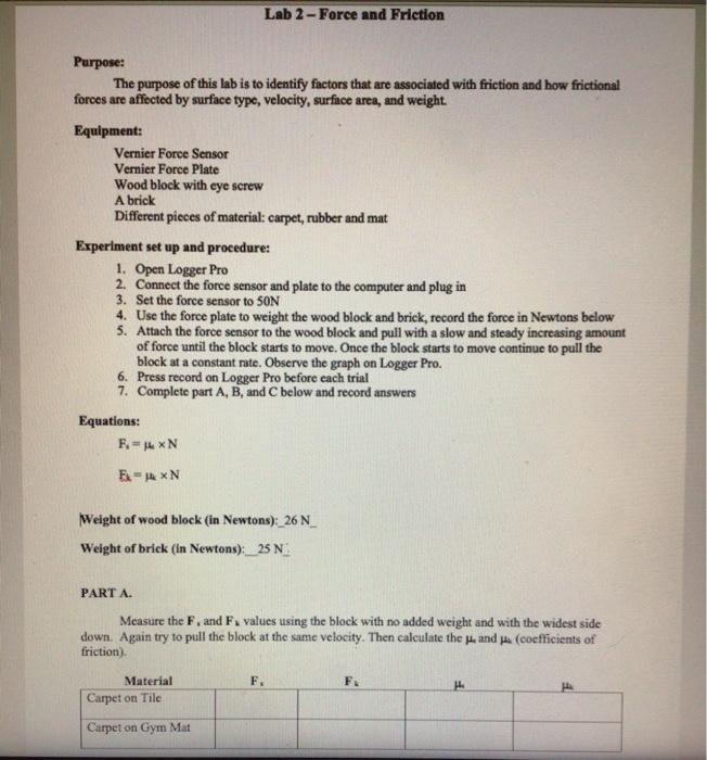 Lab 2-Force and Friction Purpose: The purpose of this | Chegg.com