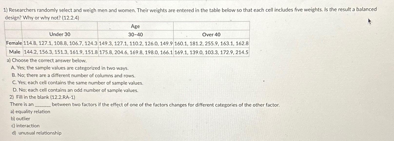 Solved Researchers randomly select and weigh men and women. | Chegg.com