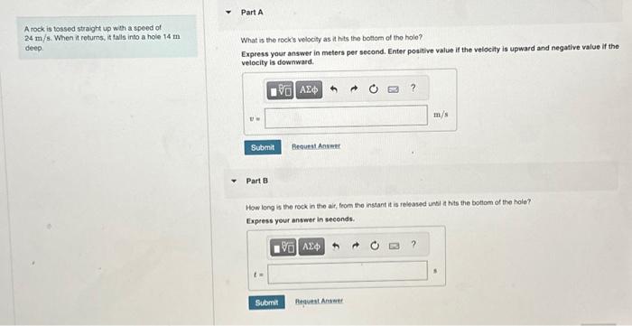 Solved A rock is tossed straight up wh a speed of 24 m/s. | Chegg.com
