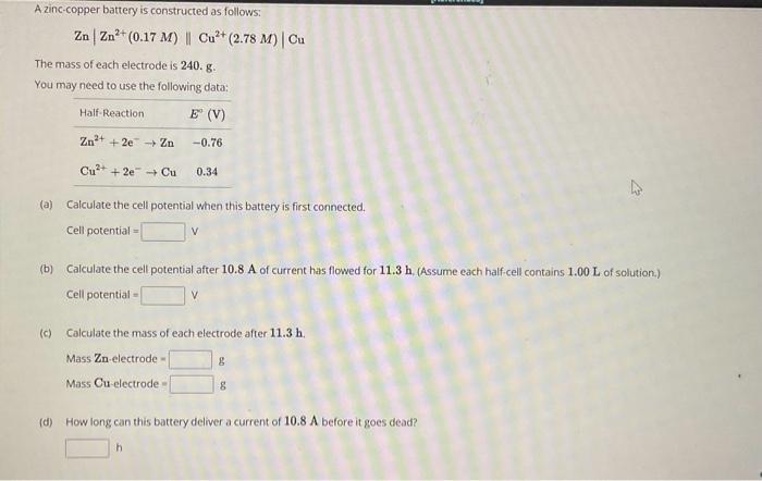 Solved A zinc-copper battery is constructed as follows: Zn | | Chegg.com