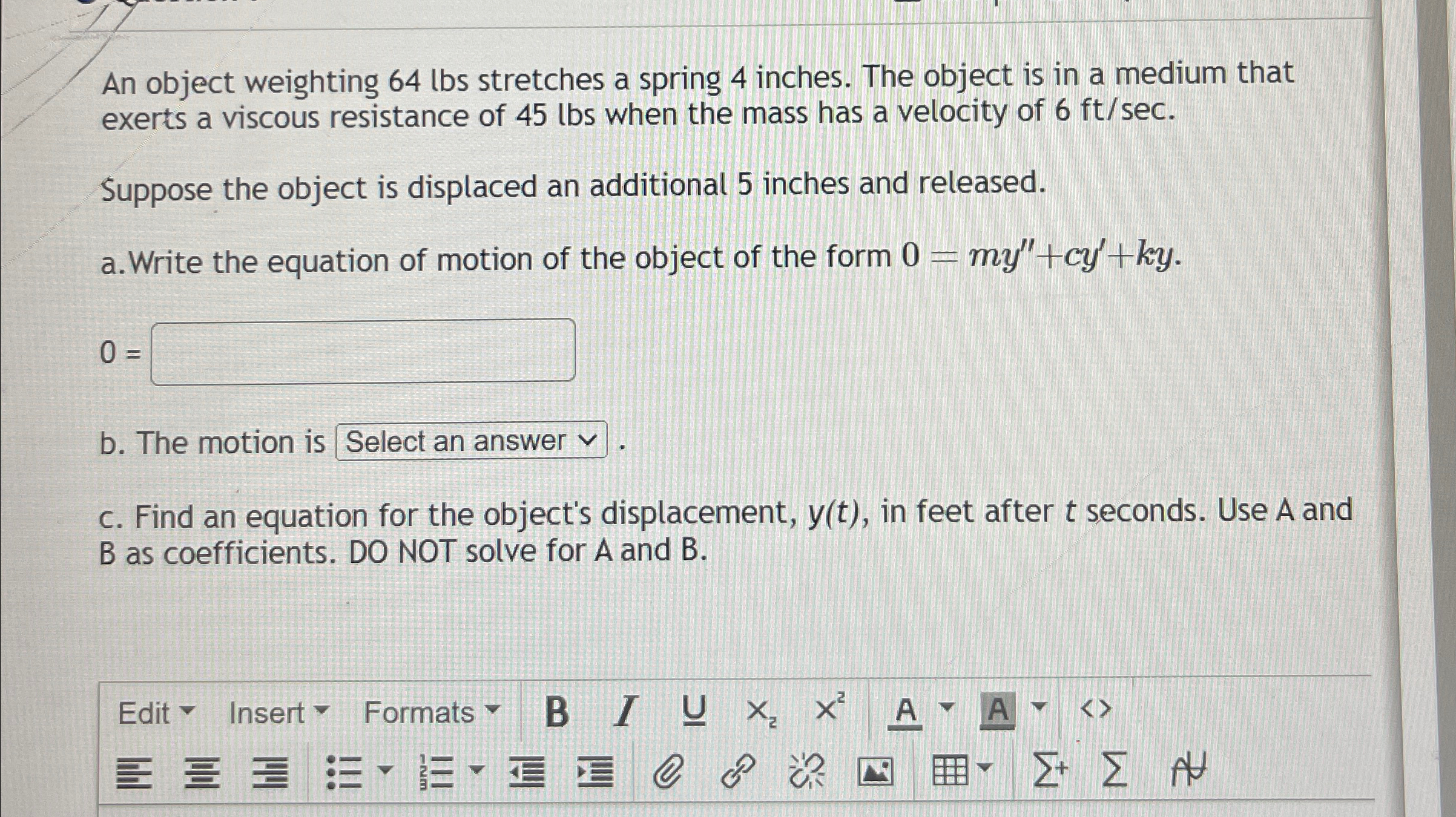 Solved An object weighting 64 ﻿lbs stretches a spring 4 | Chegg.com