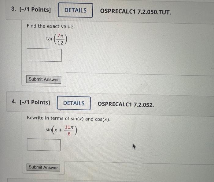 Solved Find the exact value. tan(127π) Points] Rewrite in | Chegg.com