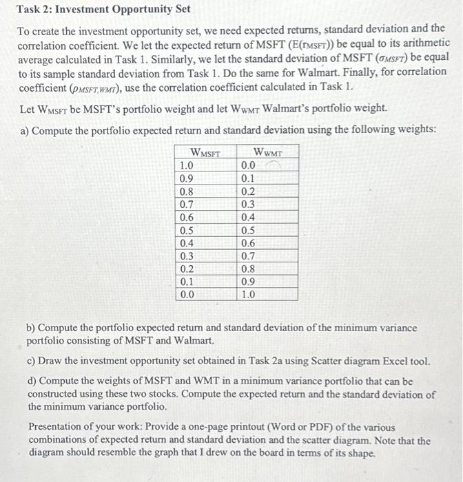 Solved Task 2: Investment Opportunity Set To create the | Chegg.com
