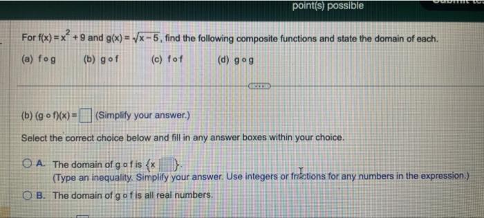 Solved For f(x)=x2+9 and g(x)=x−5, find the following | Chegg.com