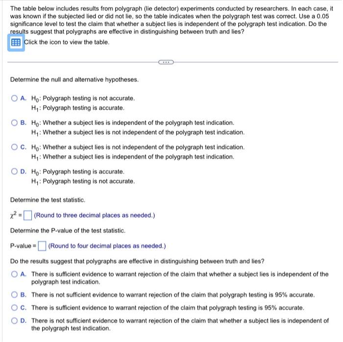 Solved The table below includes results from polygraph (lie | Chegg.com