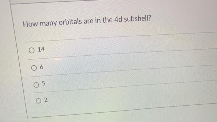 Solved How many orbitals are in the 4d subshell? O 14 O 6 05 | Chegg.com