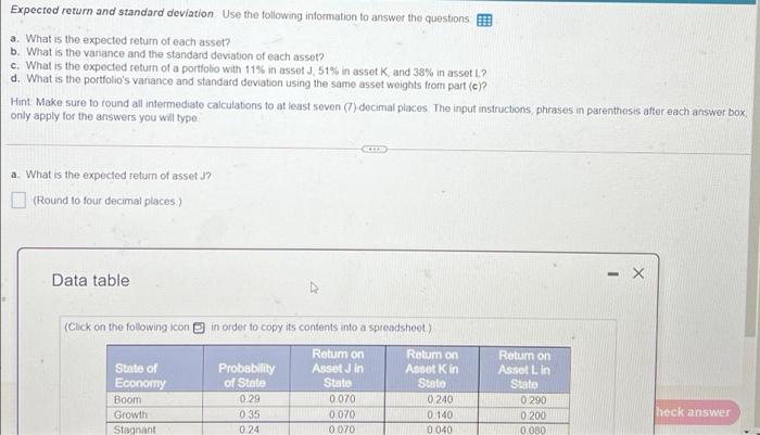 Solved Expected return and standard deviation Use the | Chegg.com