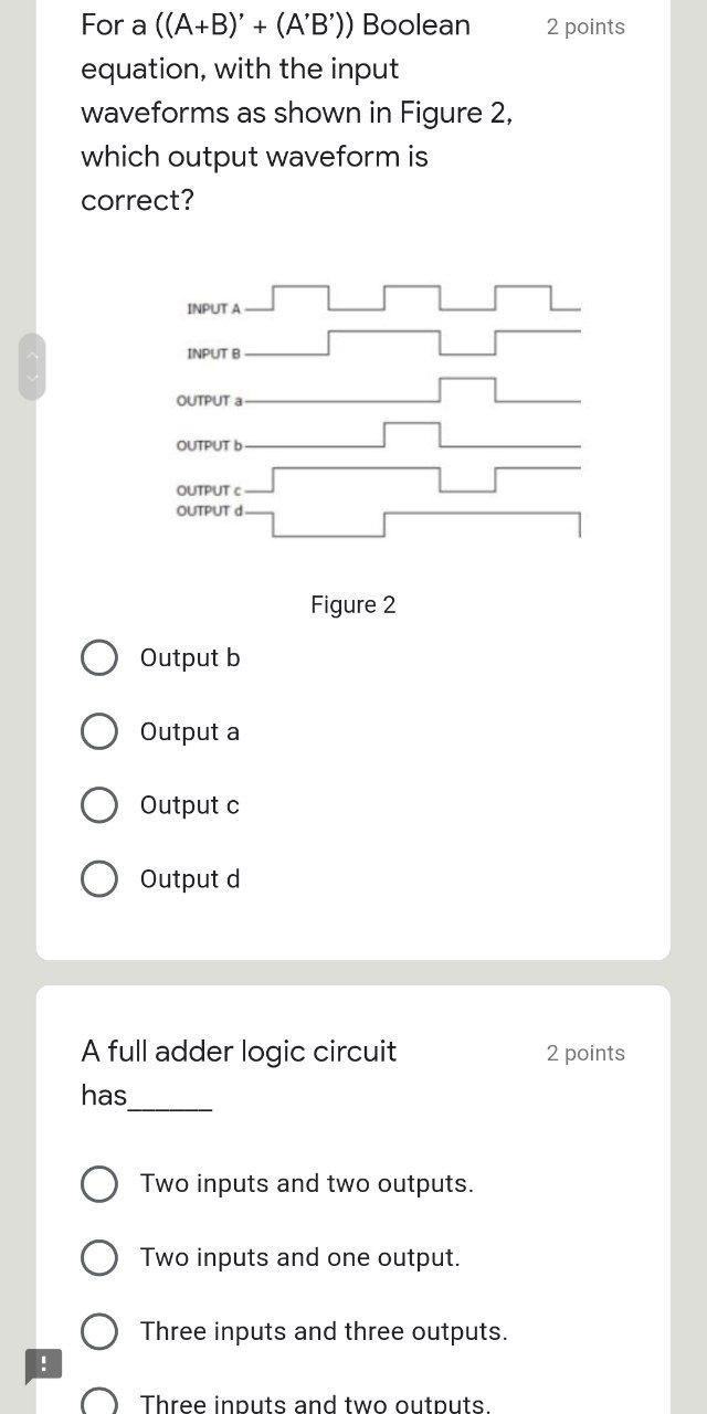 Solved 2 points For a ((A+B)' + (A'B')) Boolean equation, | Chegg.com