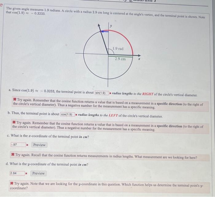 Solved C The given angle measures 1.9 radians. A circle with | Chegg.com