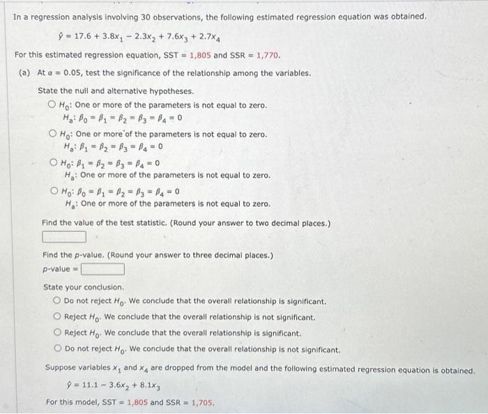 Solved regression analysis involving 30 observations, the | Chegg.com