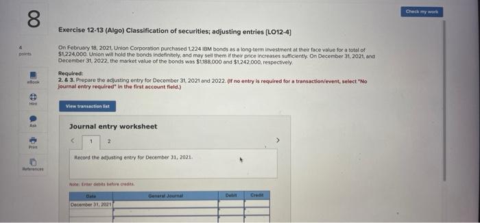 Solved Check my work 8 Exercise 12-13 (Algo) Classification | Chegg.com