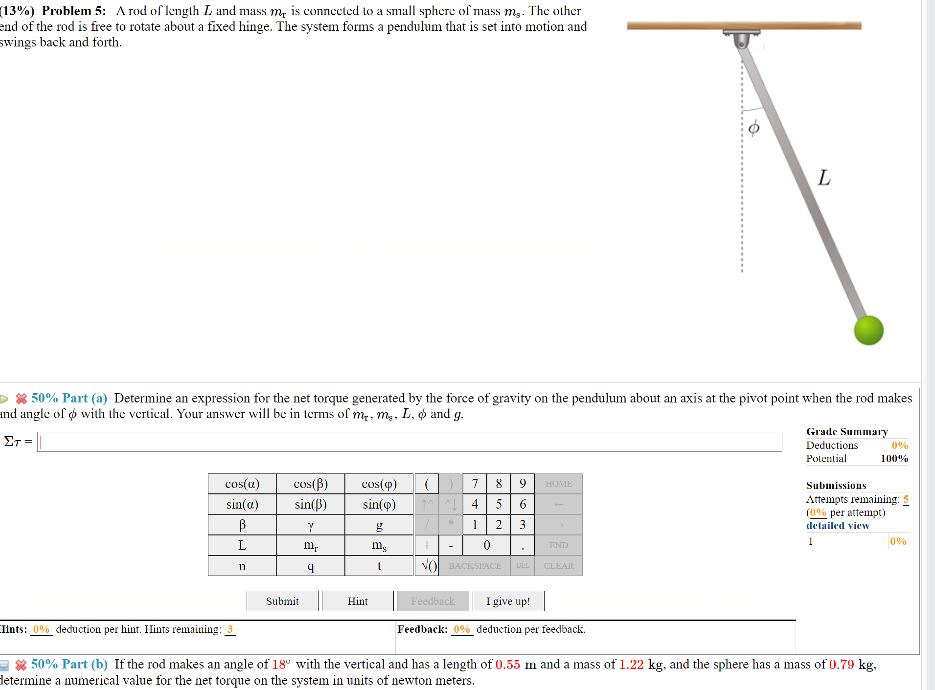 Solved (13%) ﻿Problem 5: A rod of length L ﻿and mass mr ﻿is | Chegg.com