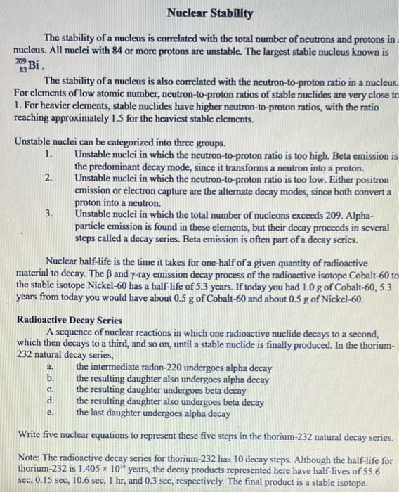 Solved Nuclear Stability The stability of a nucleus is | Chegg.com