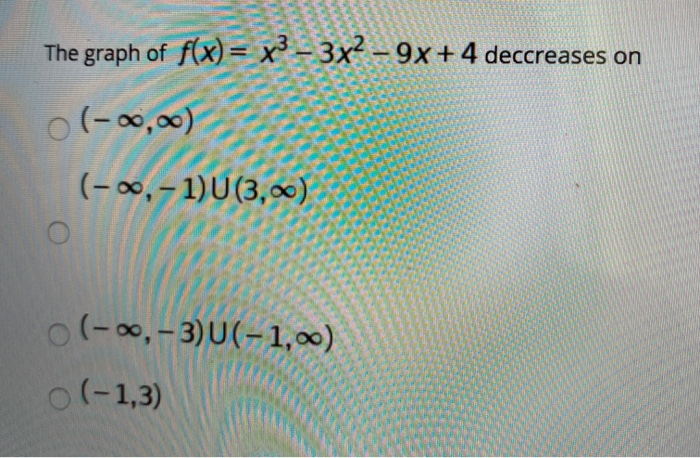 Solved The graph of f(x)= x3 – 3x2 - 9x+4 deccreases on | Chegg.com