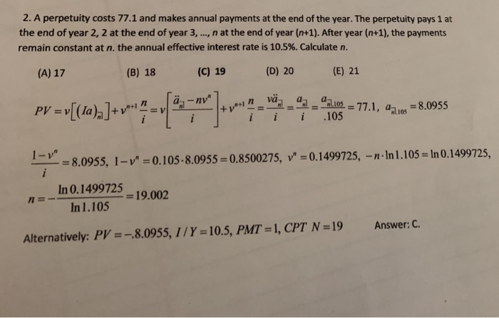 Solved 2. A perpetuity costs 77.1 and makes annual payments | Chegg.com