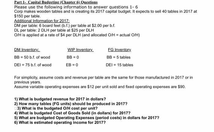 Part 1- Capital Budgeting (Chapter 6)_Questions | Chegg.com