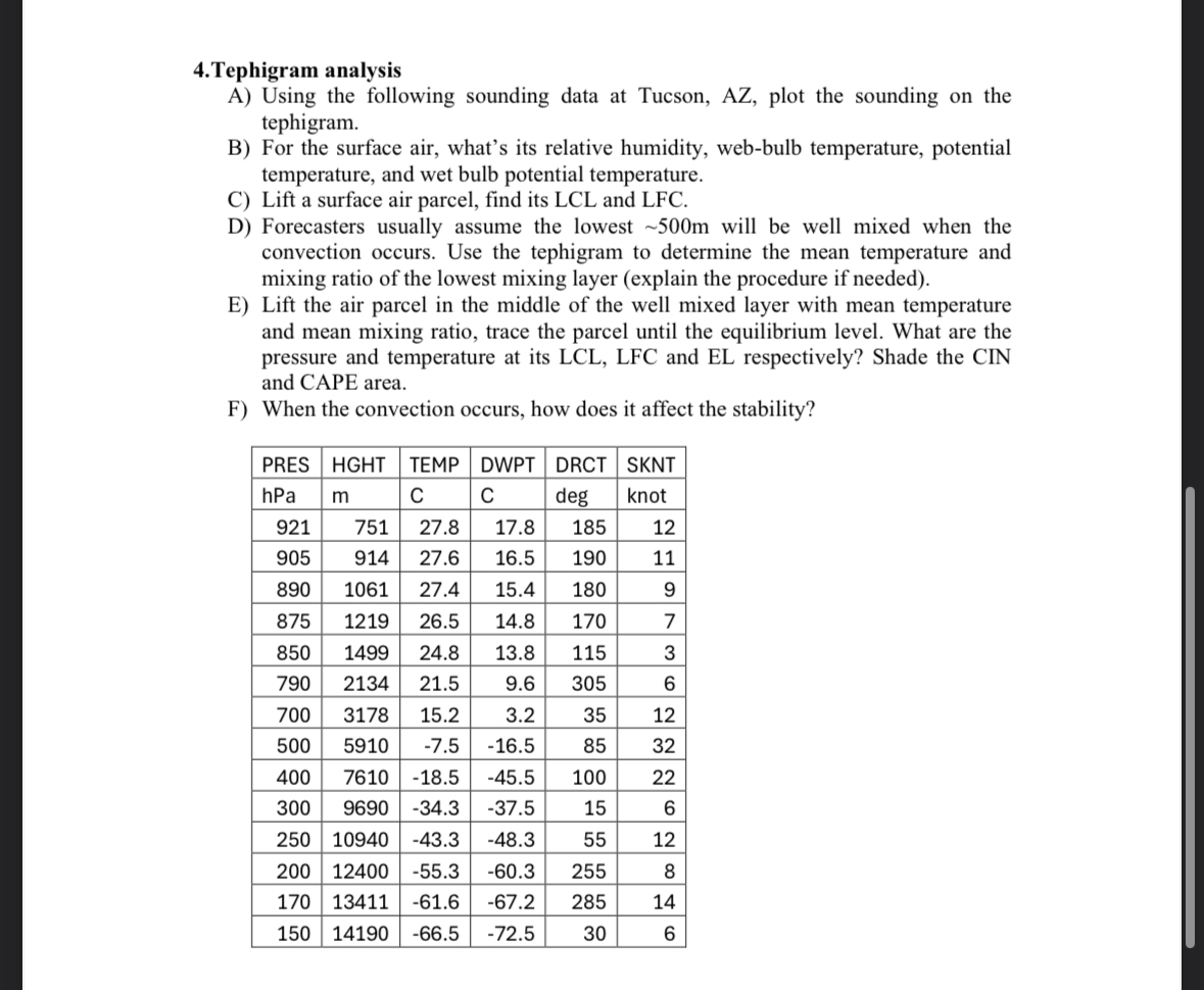Solved 4.Tephigram analysisA) ﻿Using the following sounding | Chegg.com
