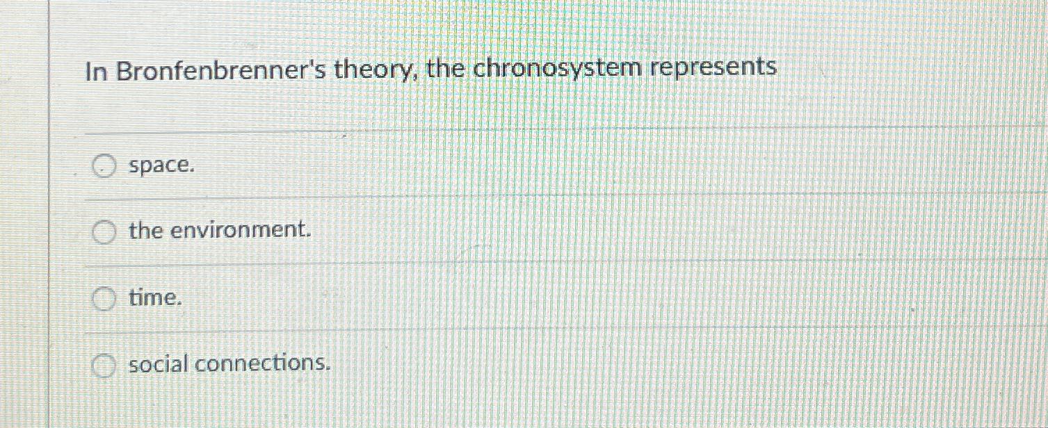 Solved In Bronfenbrenner's theory, the chronosystem | Chegg.com