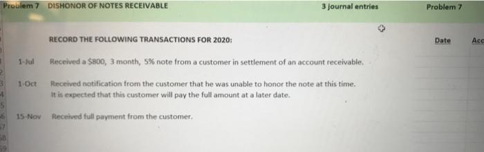 Solved Problem 7 DISHONOR OF NOTES RECEIVABLE 3 journal | Chegg.com